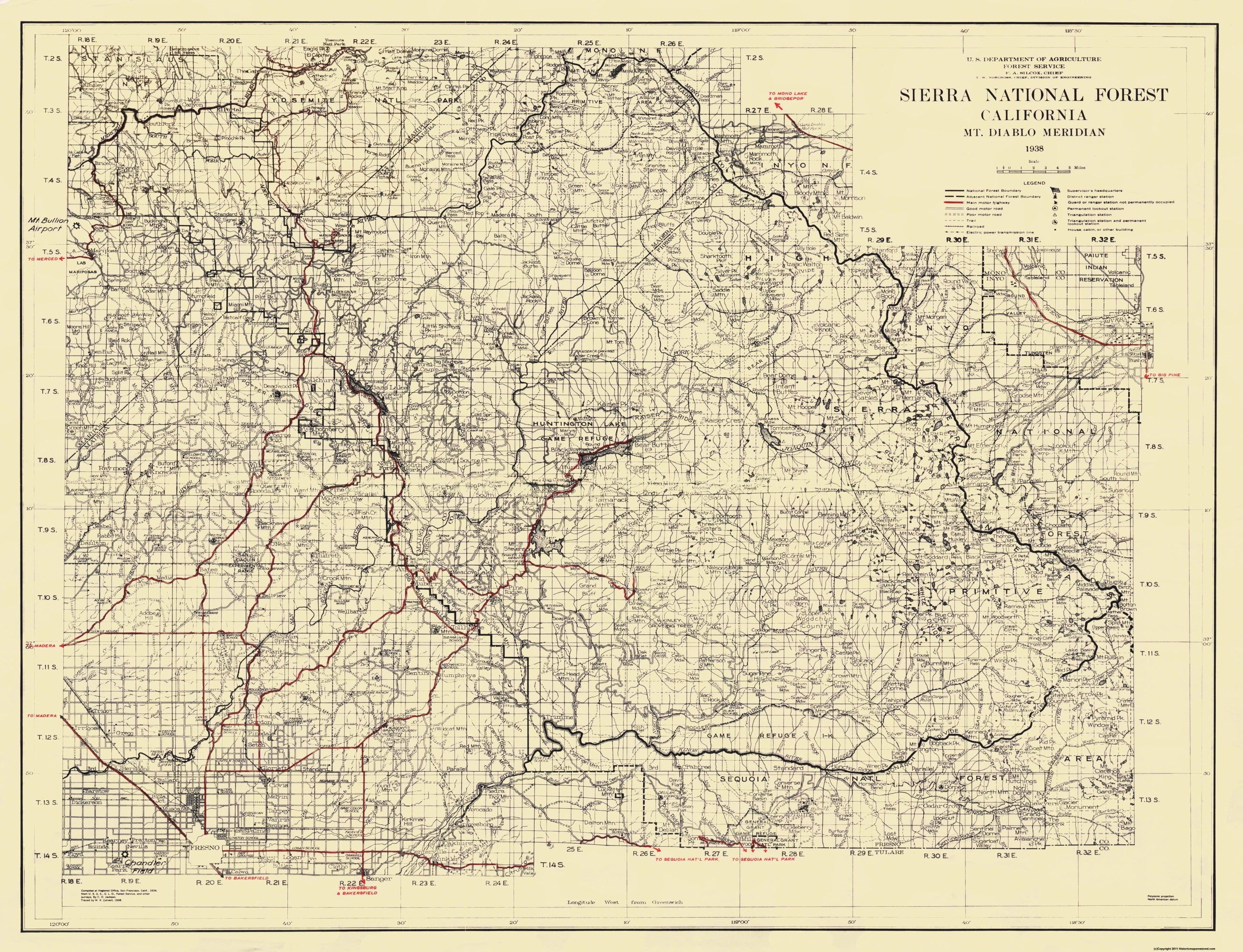 Historic State Map - Sierra National Forest California - USFS 1938 - 30 ...