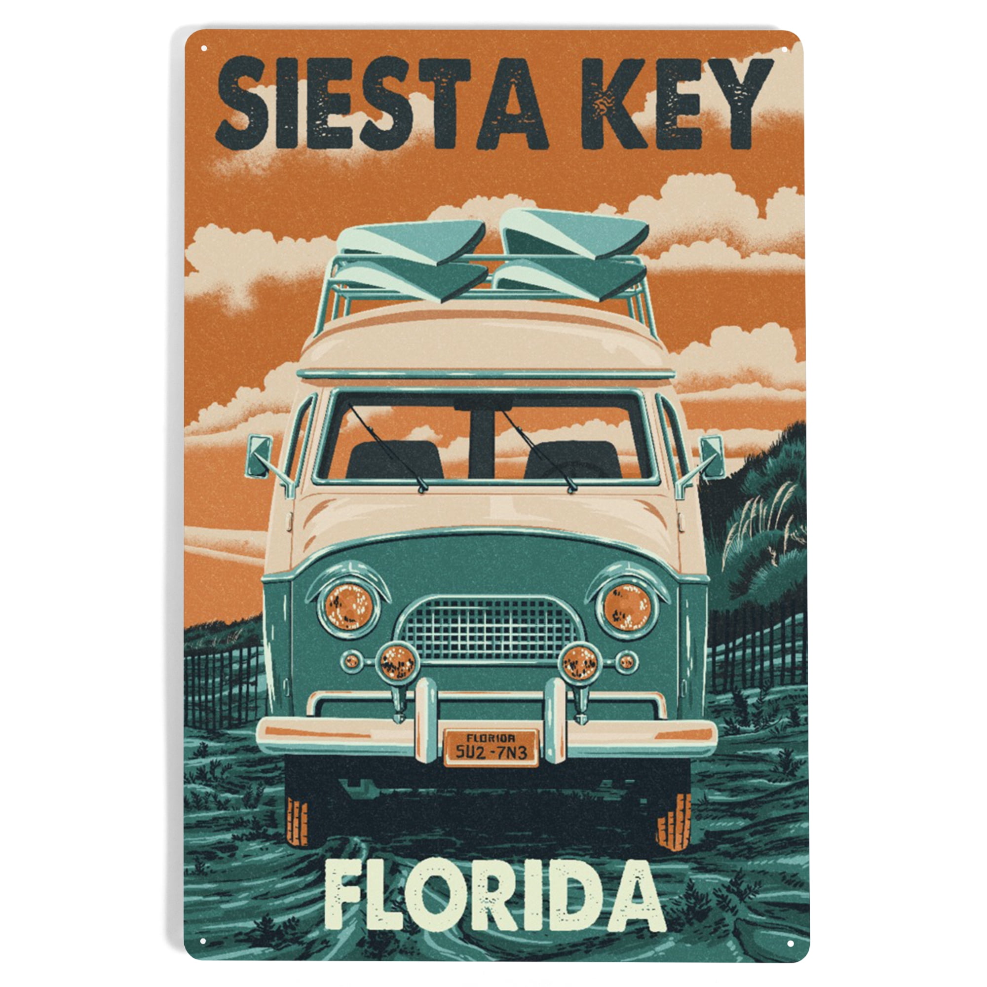 Siesta Key, Florida, Camper Van, Letterpress (12x18 Aluminum Art ...