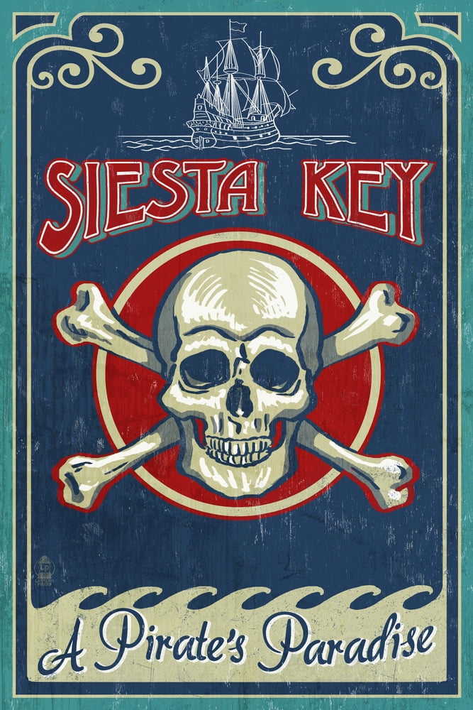 Siesta Key, Florida, Skull and Crossbones, Vintage Sign (16x24 Giclee ...