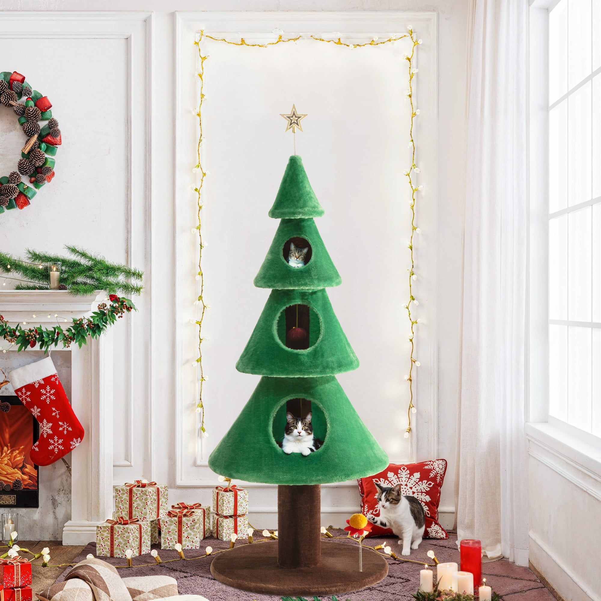 Sifurni 63" Cat Tree and Christmas Tower Condo for Cats with toys ...