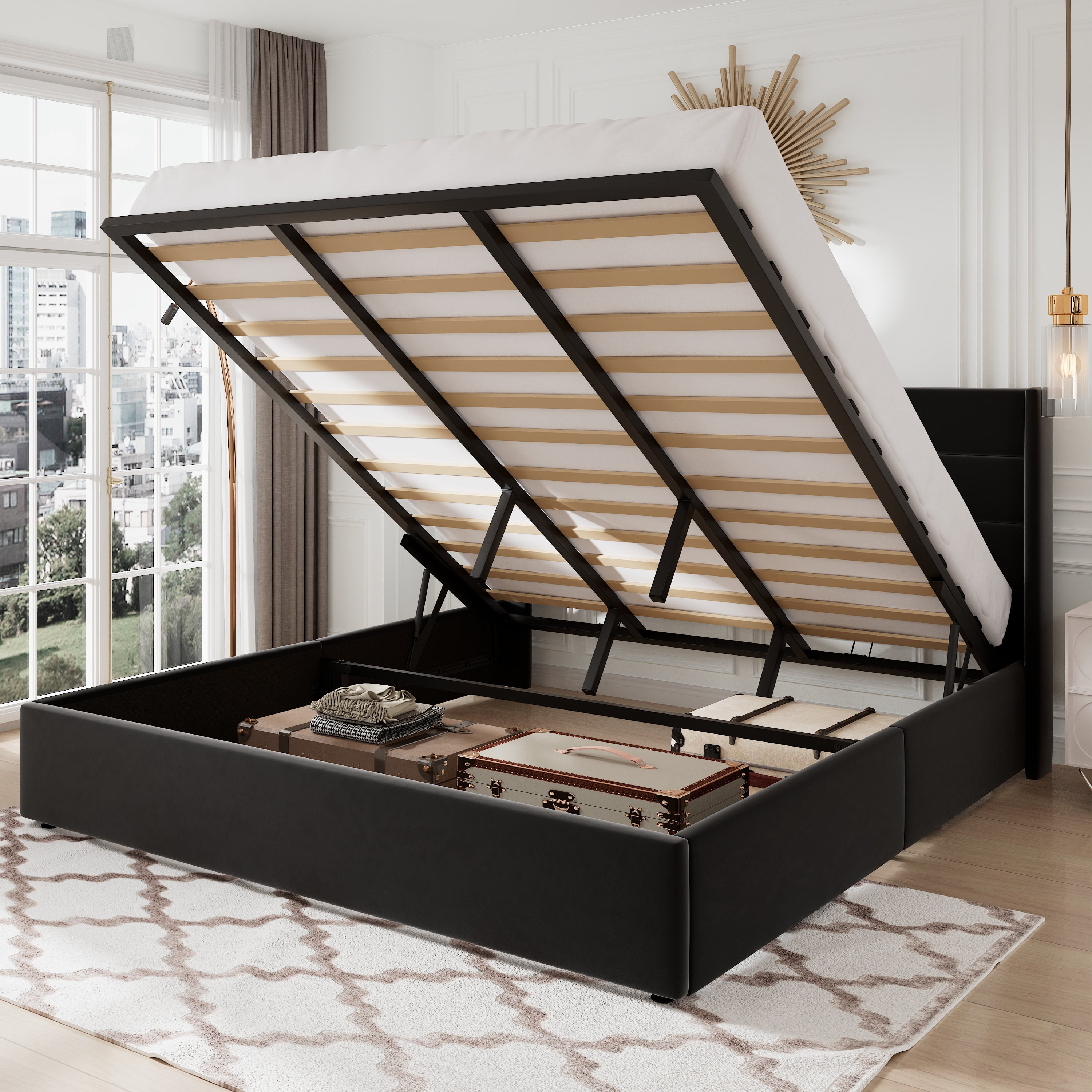 Sifurni King Size Velvet Lift up Hydraulic Storage Platform Bed Frame ...