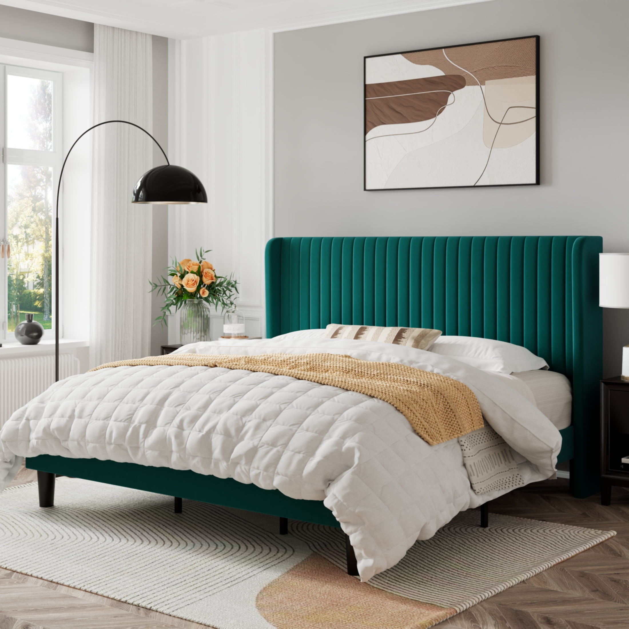 Sifurni King Size Velvet Platform Bed Frame with Vertical Channel Tufted Wingback Headboard Lake Blue Walmart Business Supplies