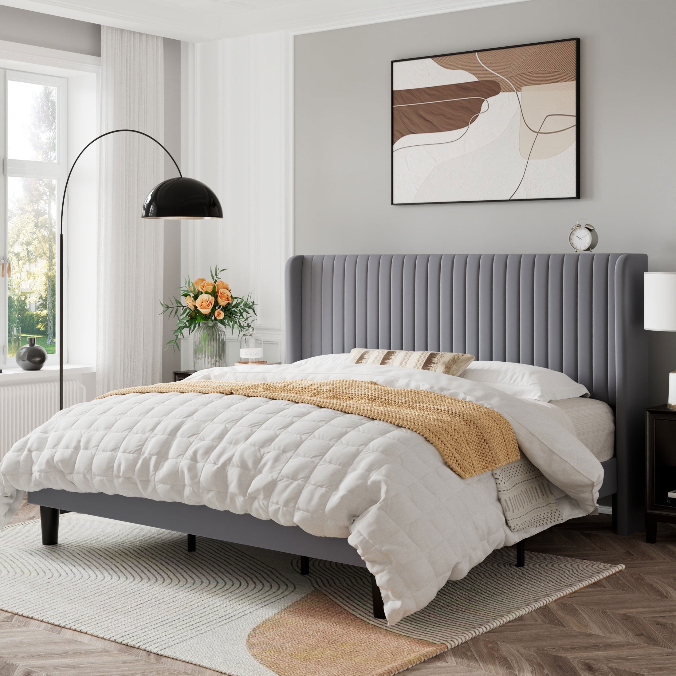 Sifurni King Size Velvet Platform Bed Frame with Vertical Channel ...