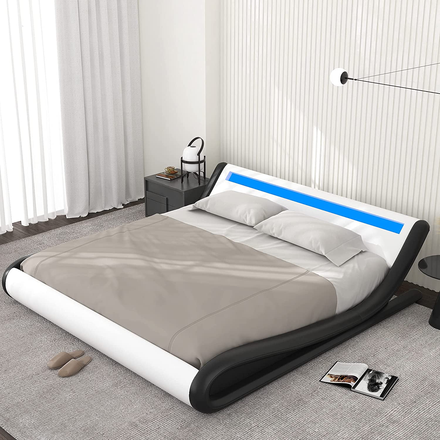 Sifurni King size Wave-Like Curve Deluxe Upholstered Modern Bed Frame ...