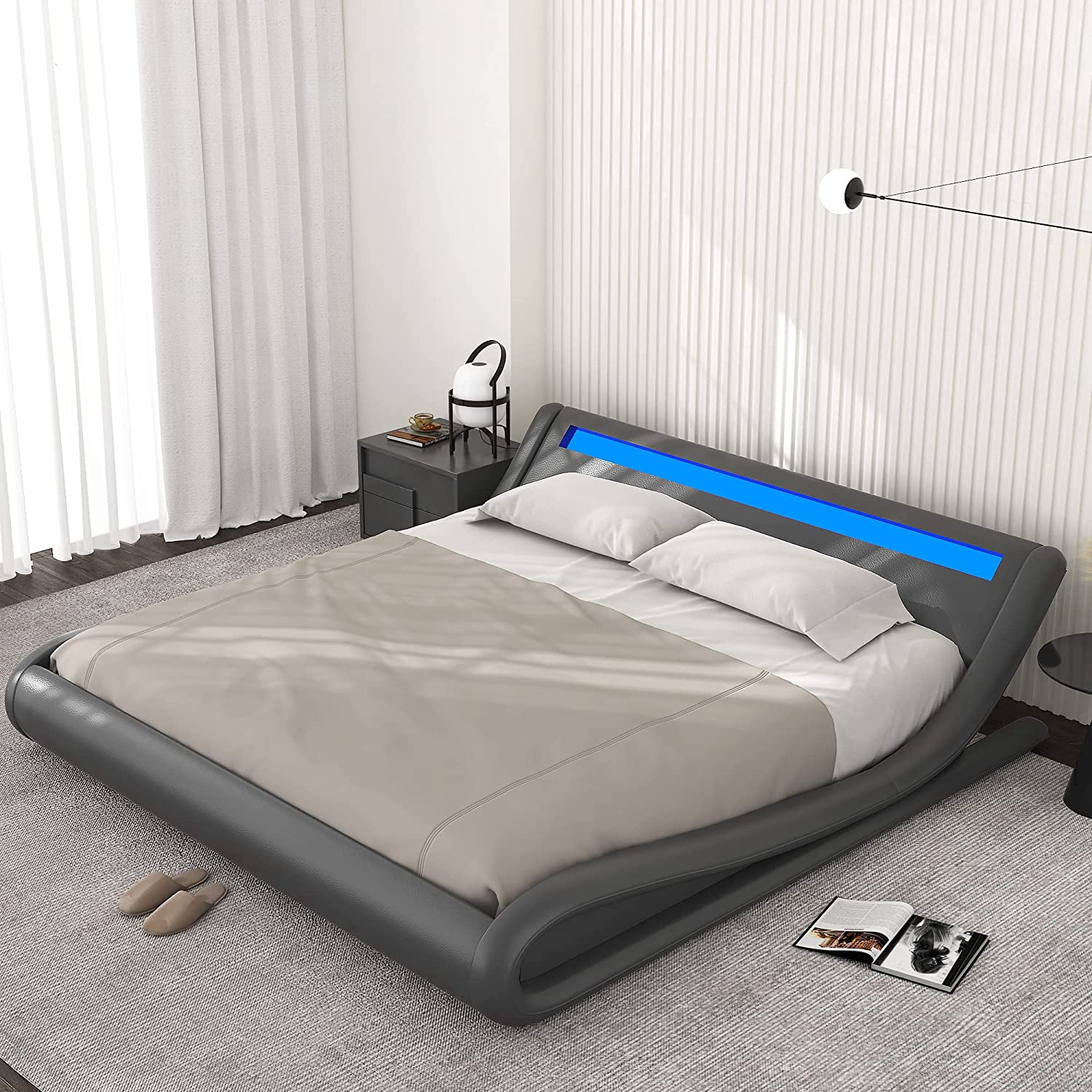 Sifurni King size Wave-Like Curve Deluxe Upholstered Modern Bed Frame ...