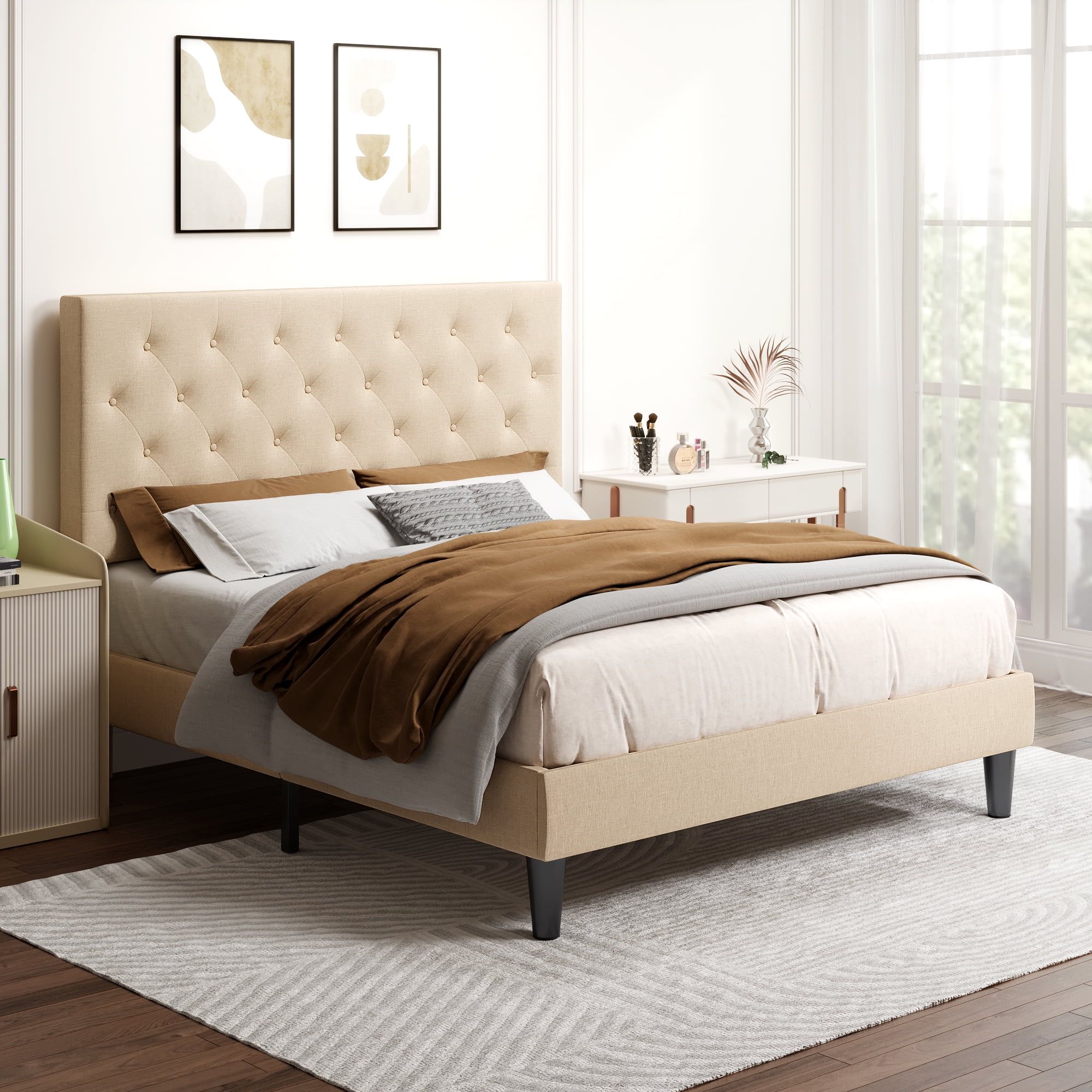 Sifurni Queen Fabric Upholstered Platform Bed Frame with Adjustable ...