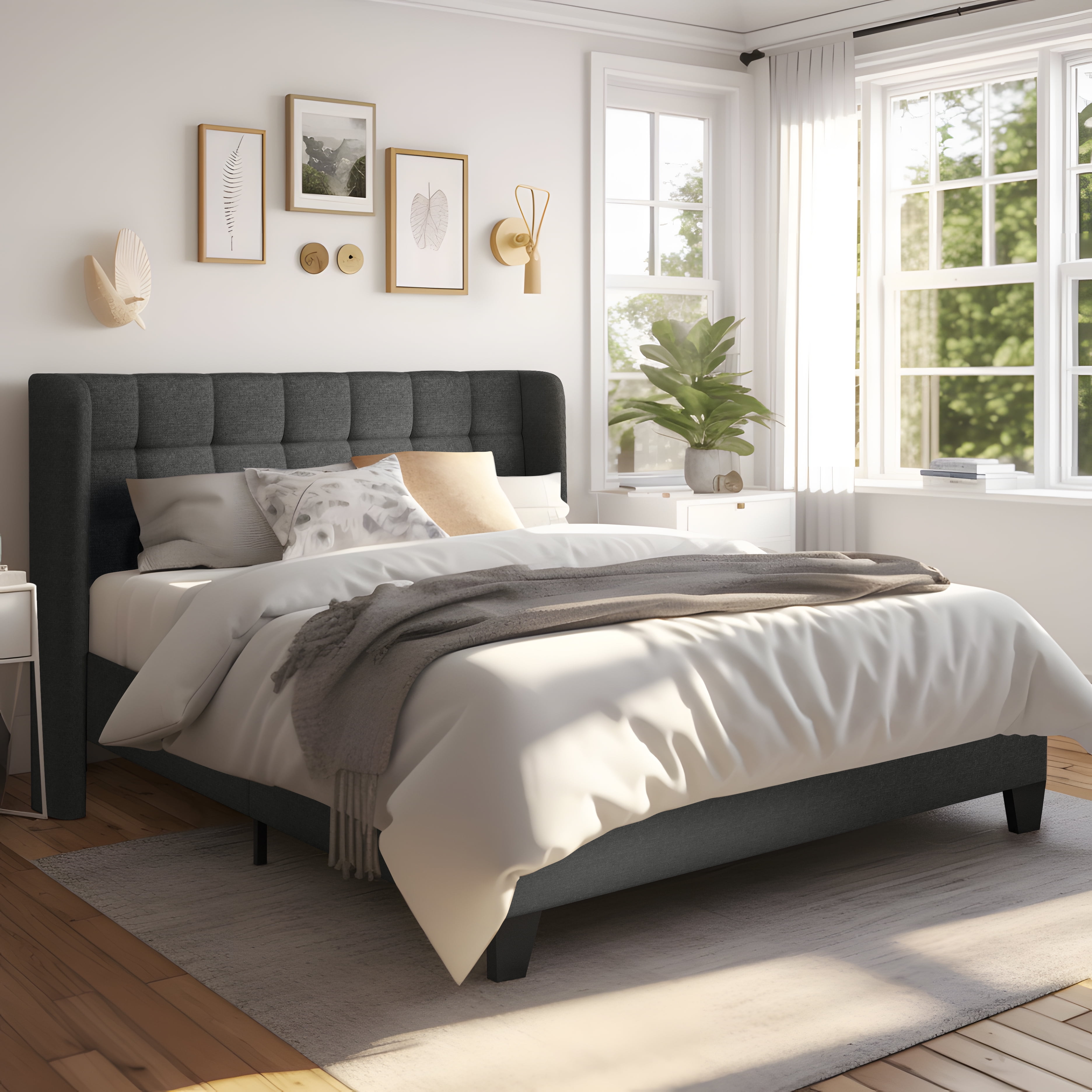 Sifurni Queen Size Platform Bed Frame with Wingback Fabric Upholstered ...