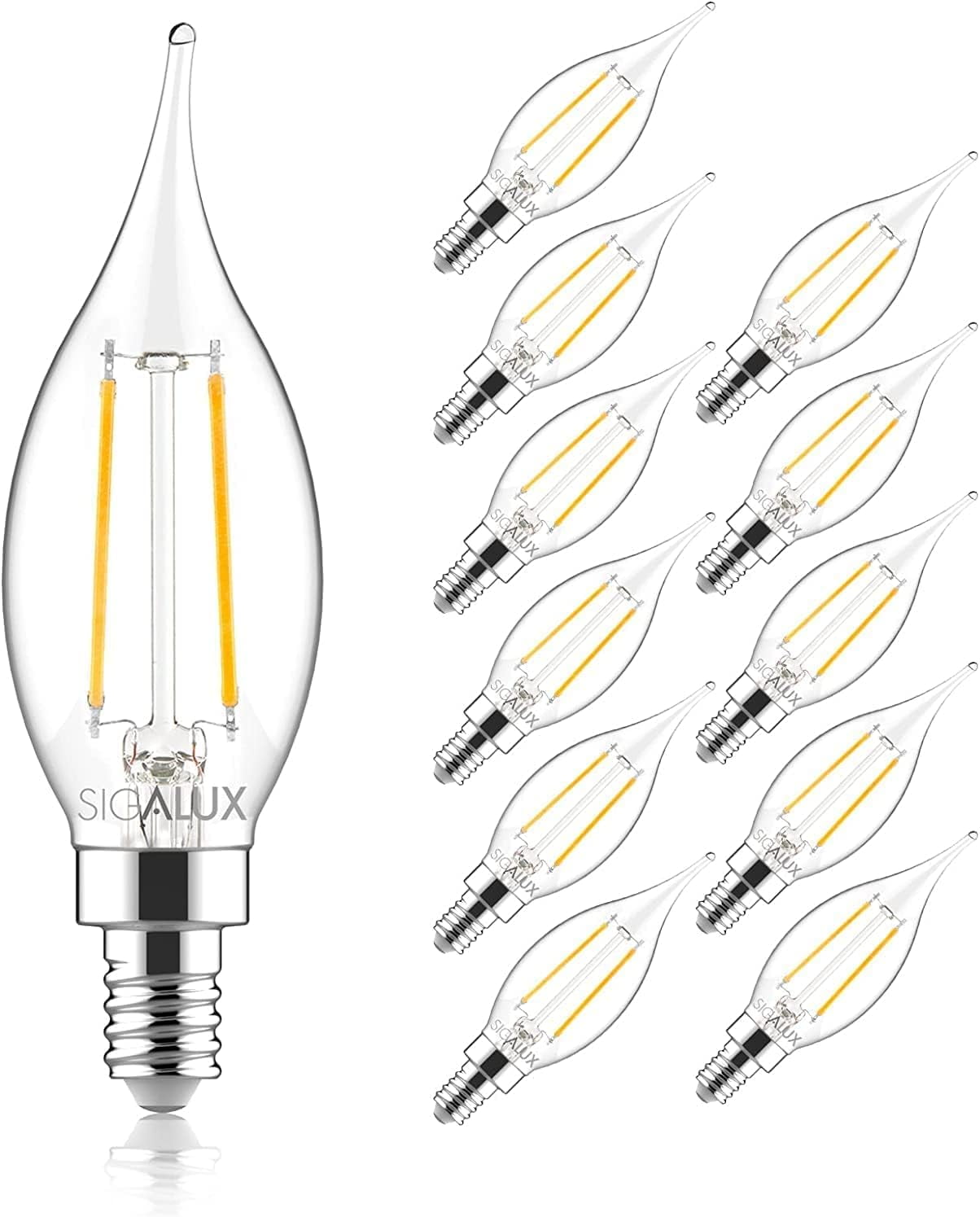 Sigalux Candelabra LED Light Bulbs Dimmable, E12 40 Watt Chandelier Light Bulbs, CA10 Flame Tip ...