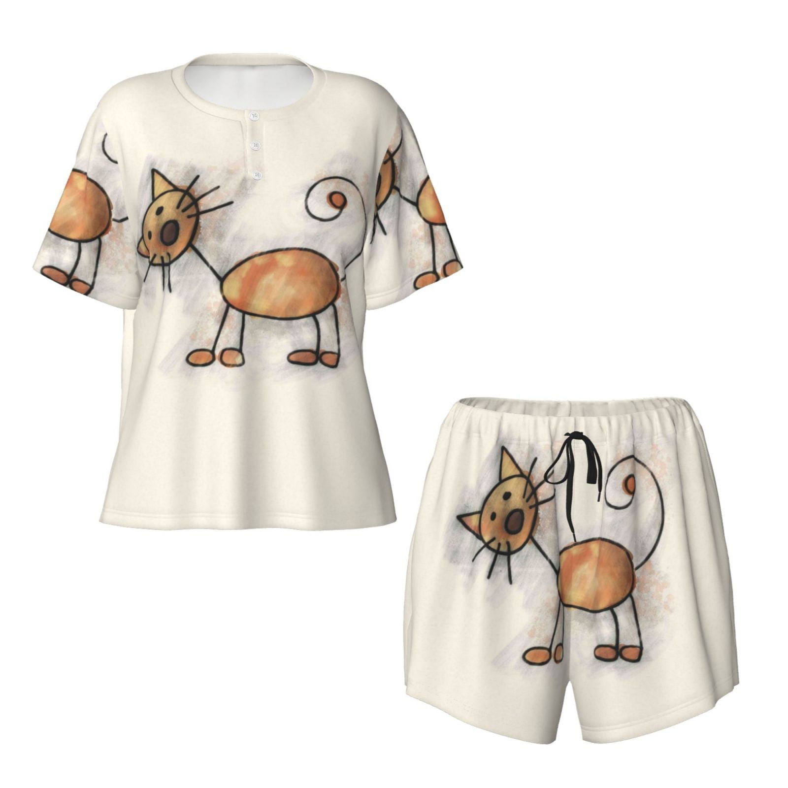Sigee Brown Cat Cartoon for Sleepwear Casual Pjs with Pockets Women's ...