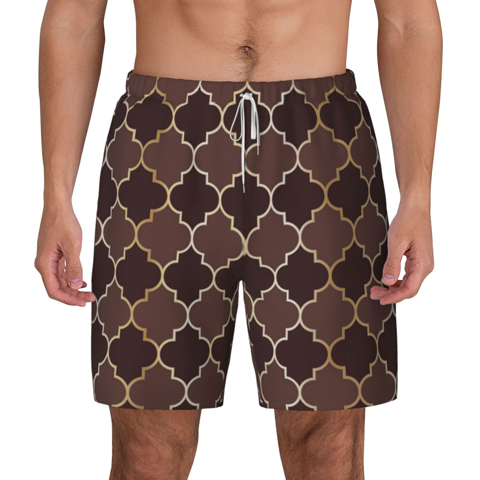 Sigee Brown Gold Grid Print Mens Swim Trunks with Compression Liner ...