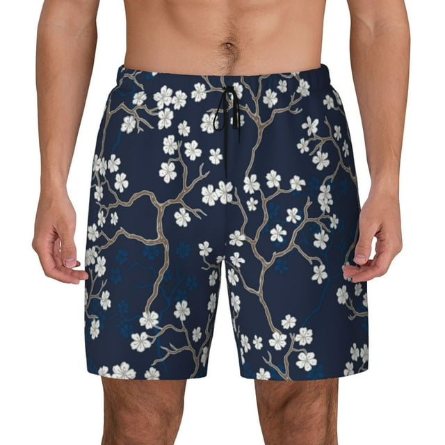 Sigee Cherry Blossoms on Navy Background Print Mens Swim Trunks with ...
