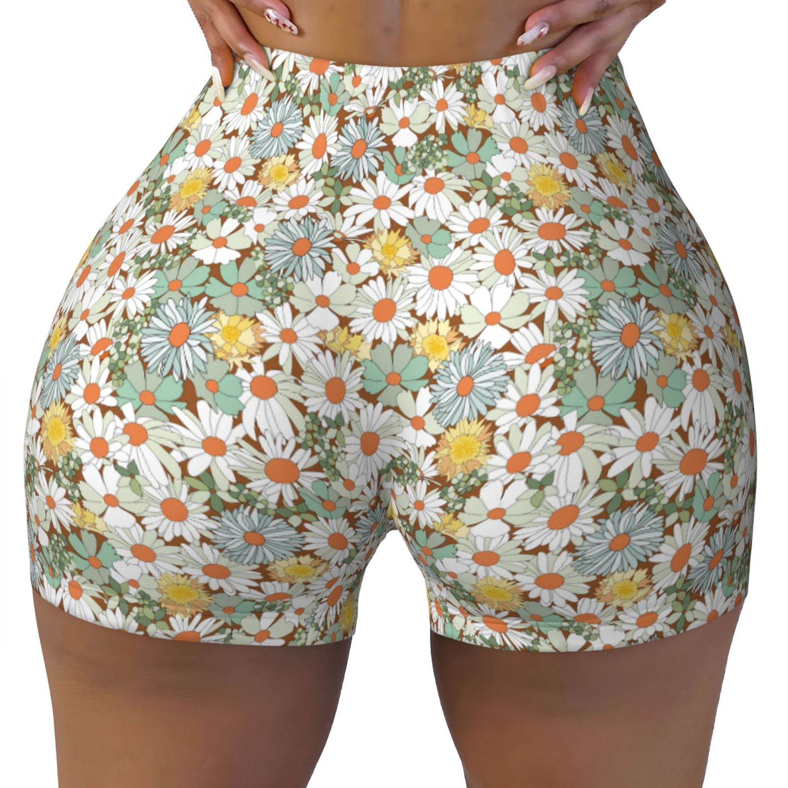 Sigee Daisy Print Women's High Waist Workout Shorts - Squat Proof ...