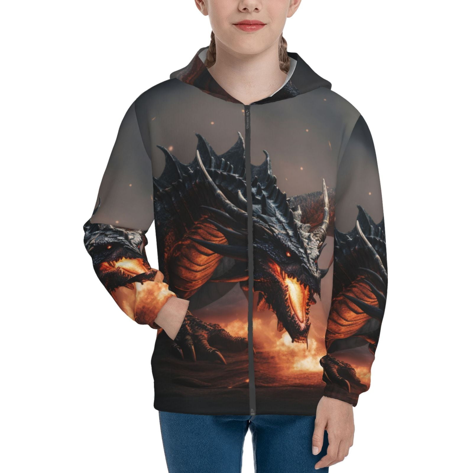 Sigee Fiery Black Dragon Attack for Teenage Zip Up Hoodies Long Sleeve ...
