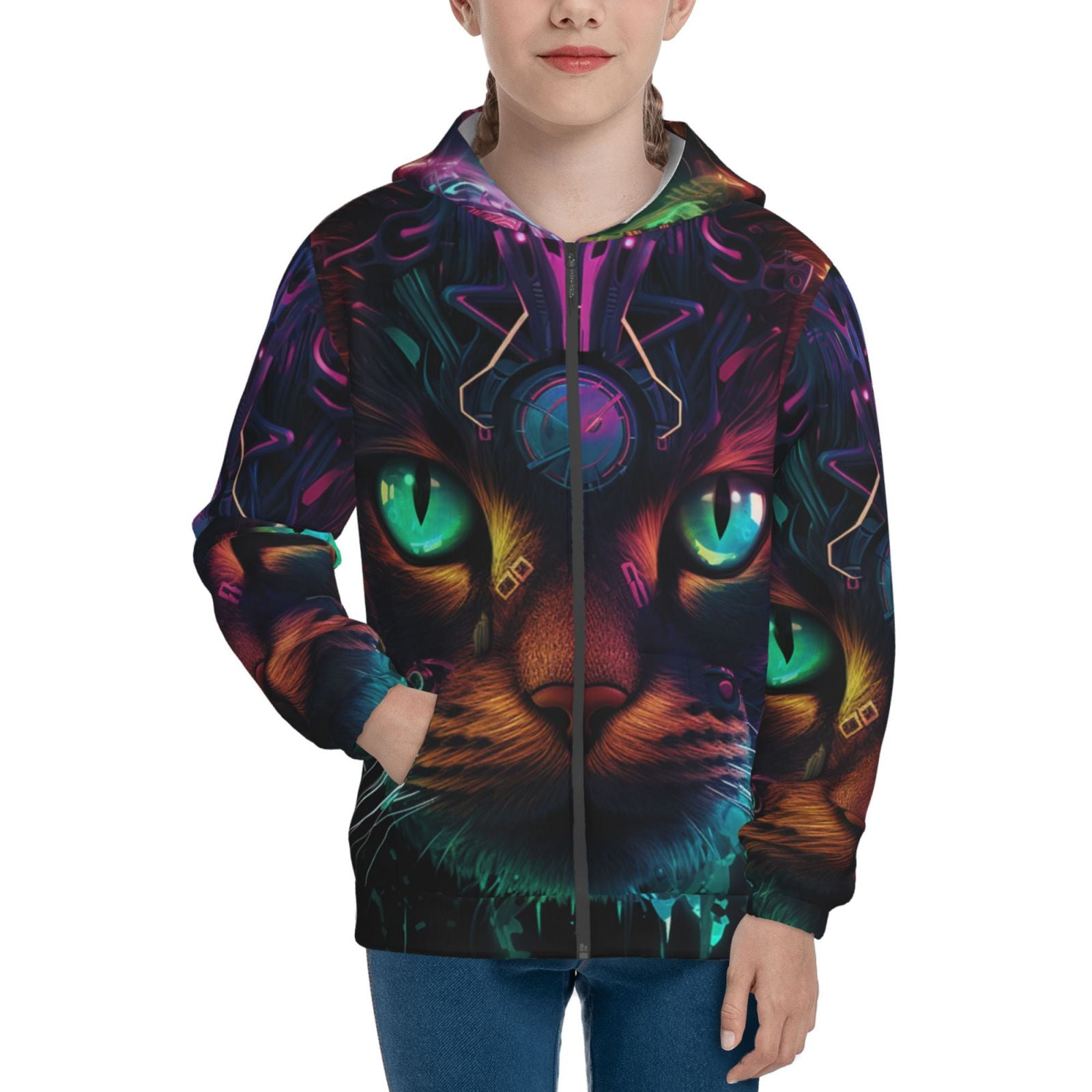 Sigee Futuristic Cat Warrior for Teenage Zip Up Hoodies Long Sleeve ...