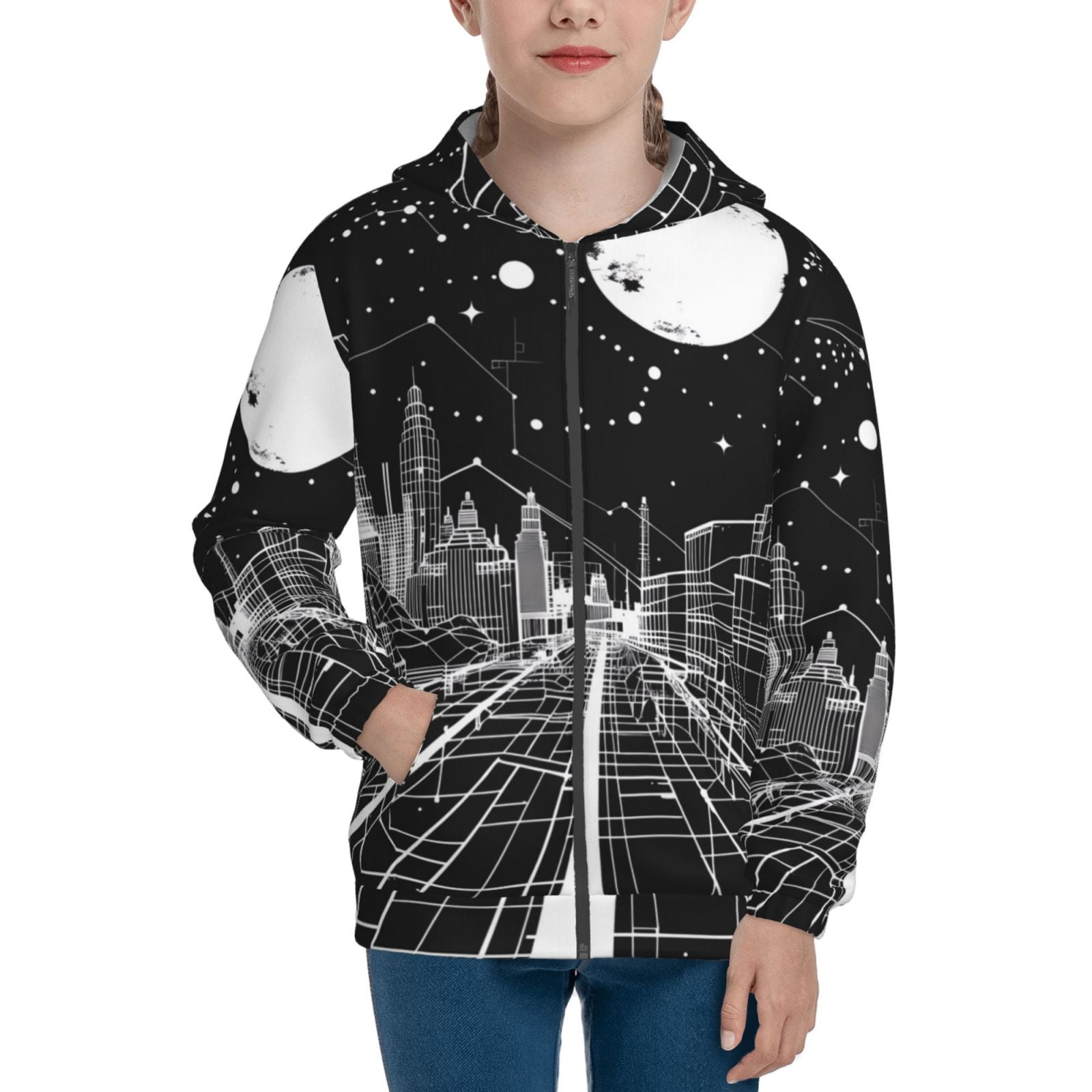 Sigee Futuristic Moonlit Cityscape for Teenage Zip Up Hoodies Long ...