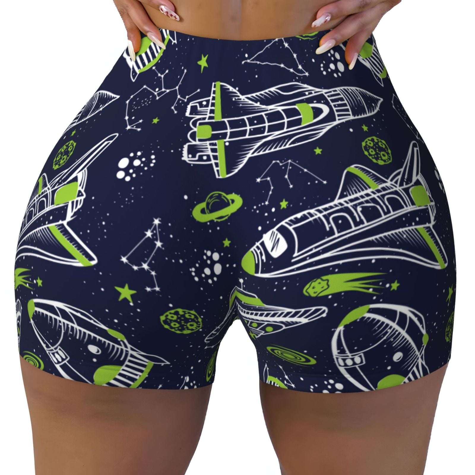 Sigee Hand Drawn Rockets Print Women's High Waist Workout Shorts ...