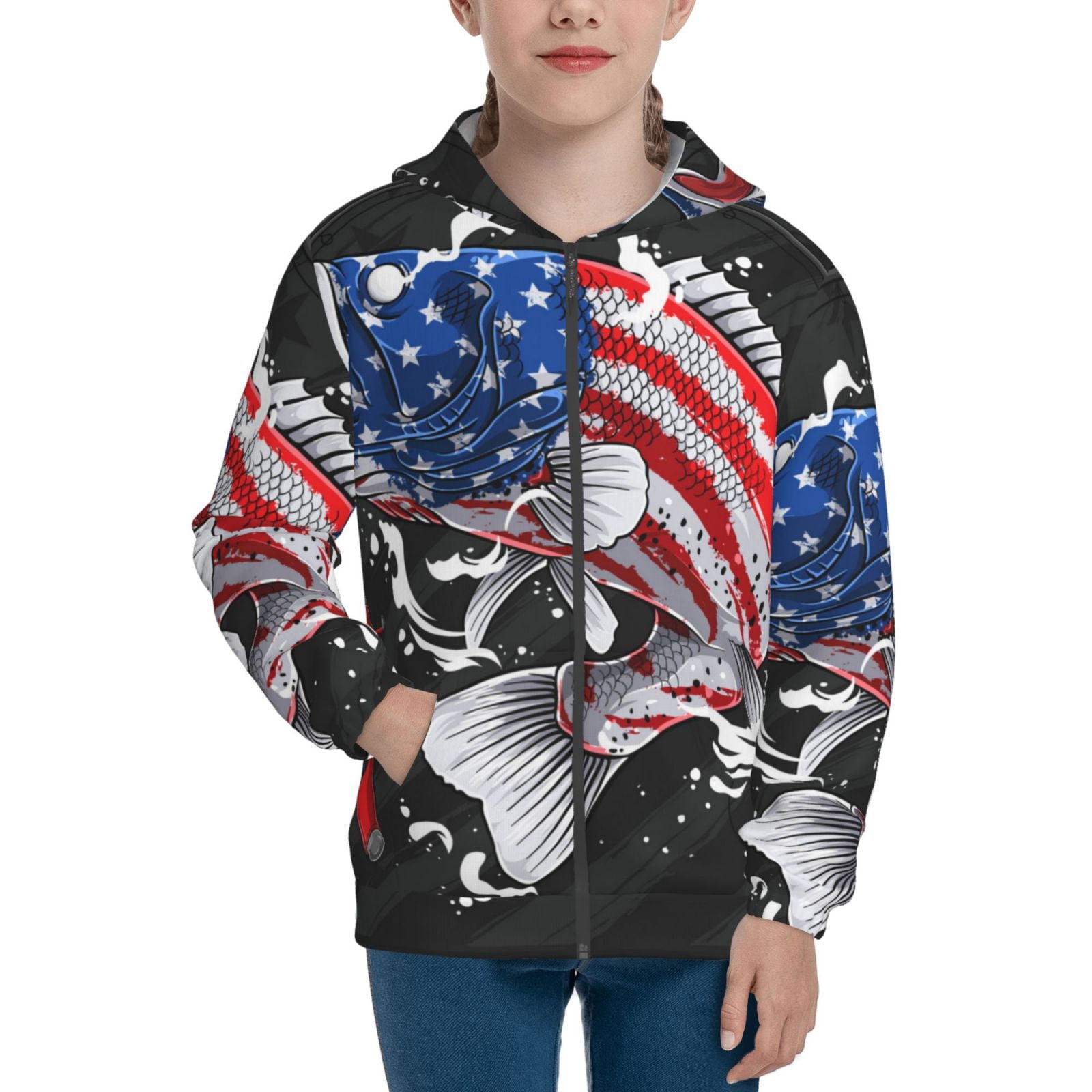 Sigee Largemouth Bass Fish in USA for Teenage Zip Up Hoodies Long ...