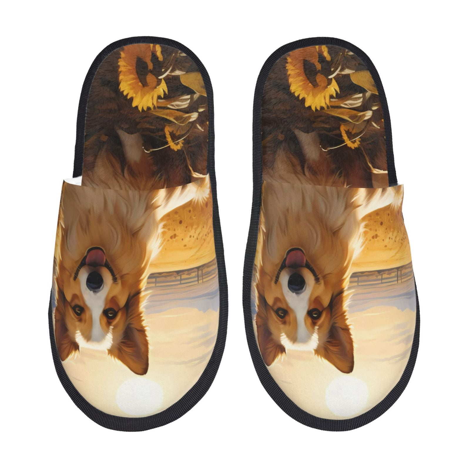 Sigee Pastoral Sunflower Corgi for Cozy Furry Slippers Super Soft ...