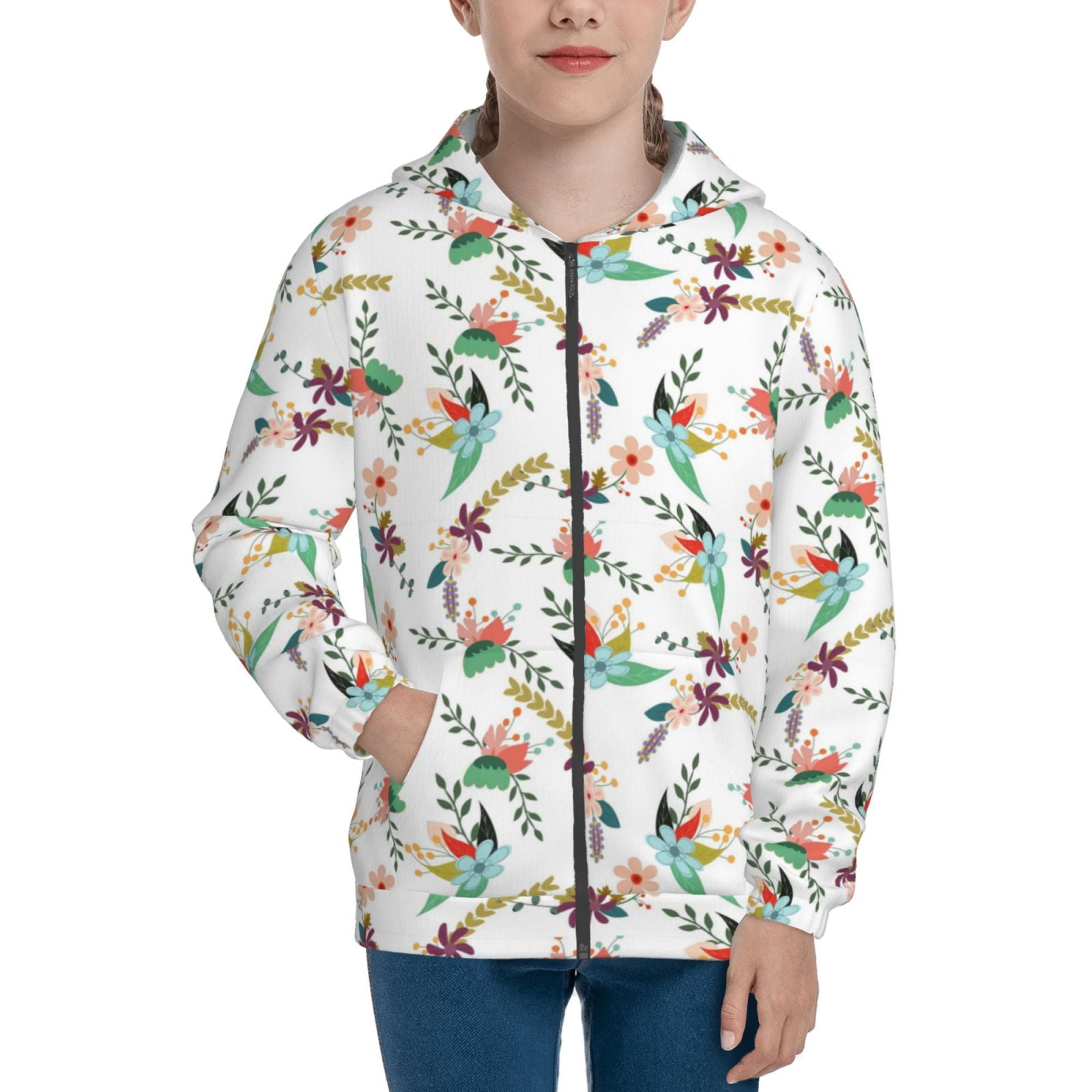 Sigee Pretty Floral With Leaves for Teenage Zip Up Hoodies Long Sleeve ...