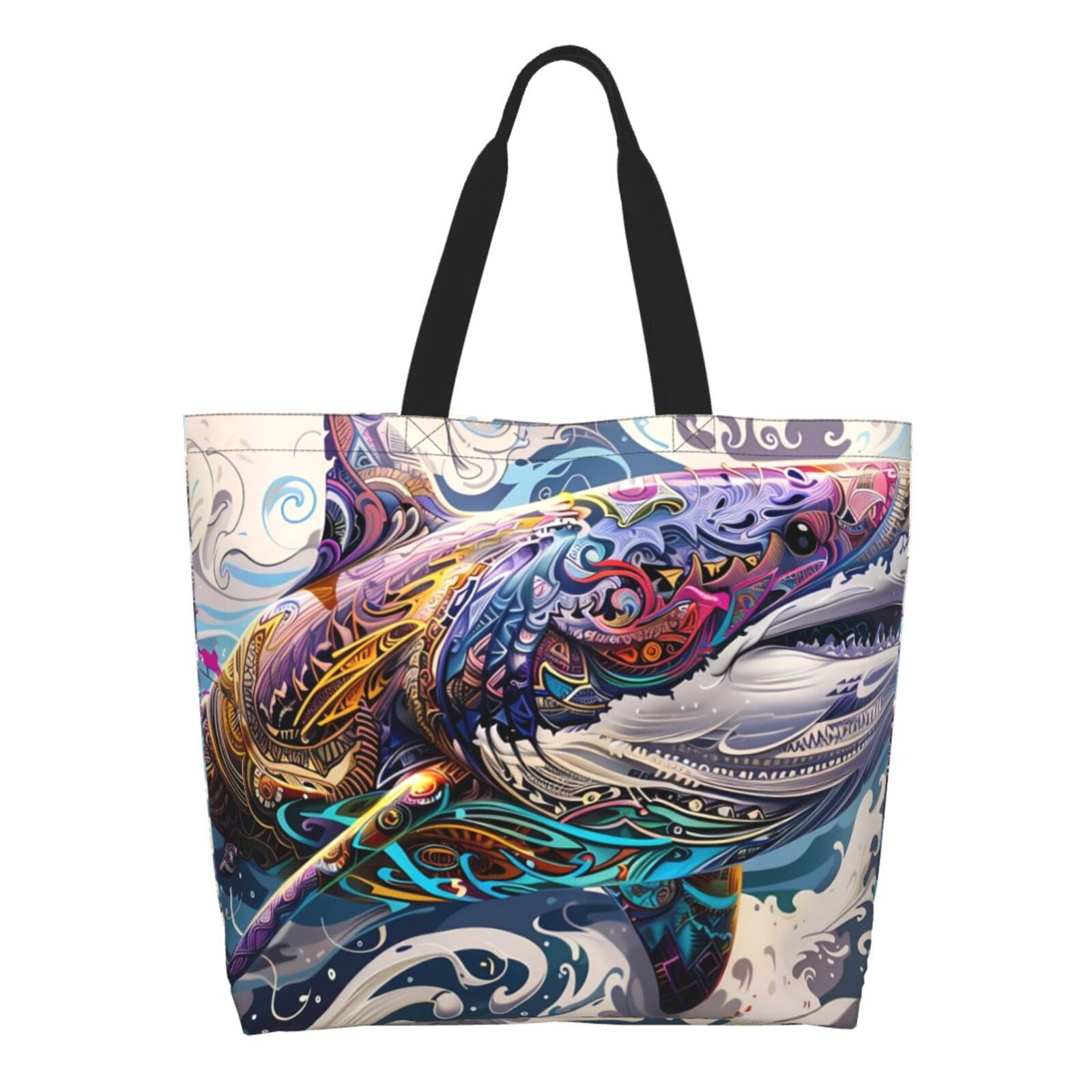 Sigee Psychedelic Shark Artwork for Large Capacity Shopping Bag with ...