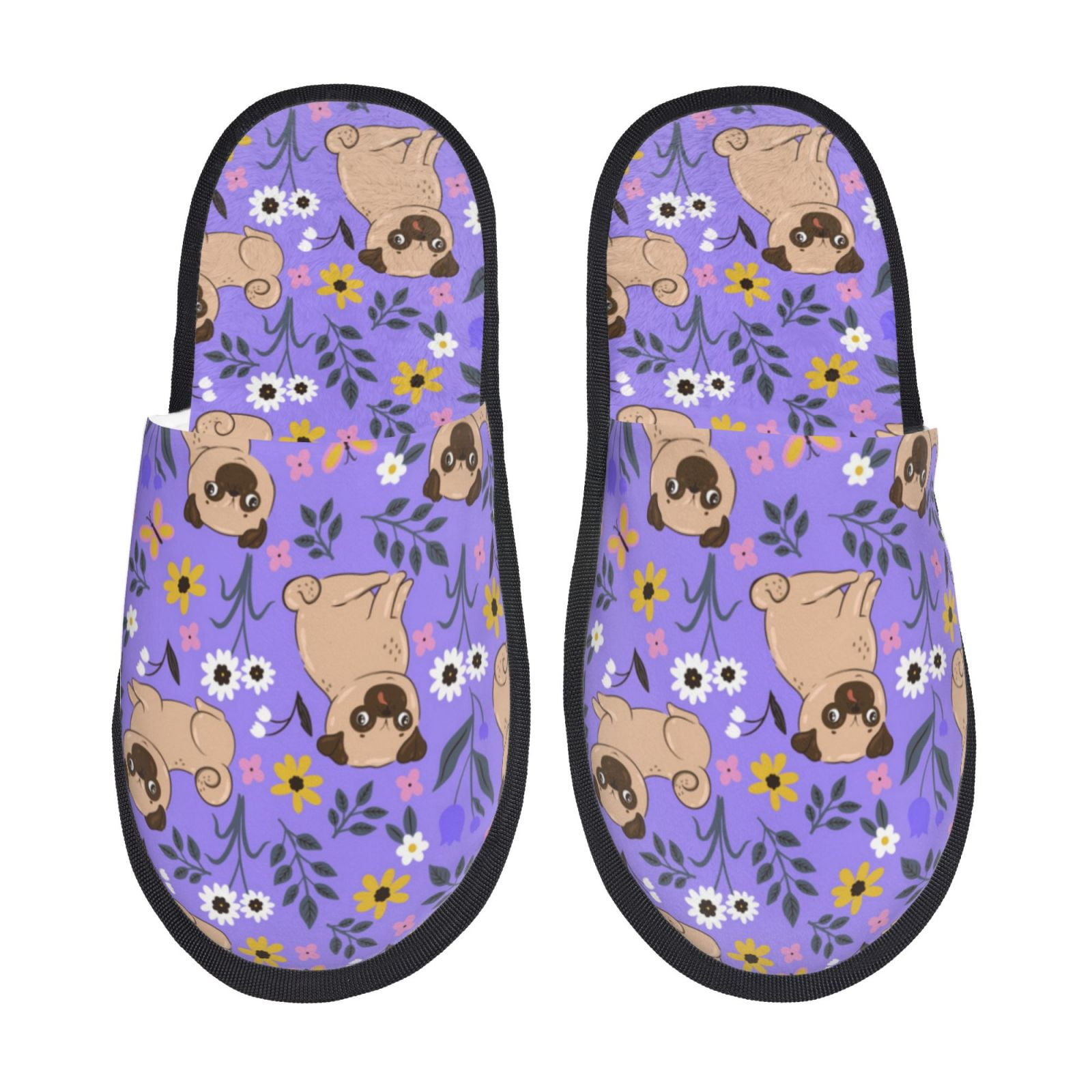 Sigee Pugs and Flowers for Cozy Furry Slippers Super Soft Indoor and ...
