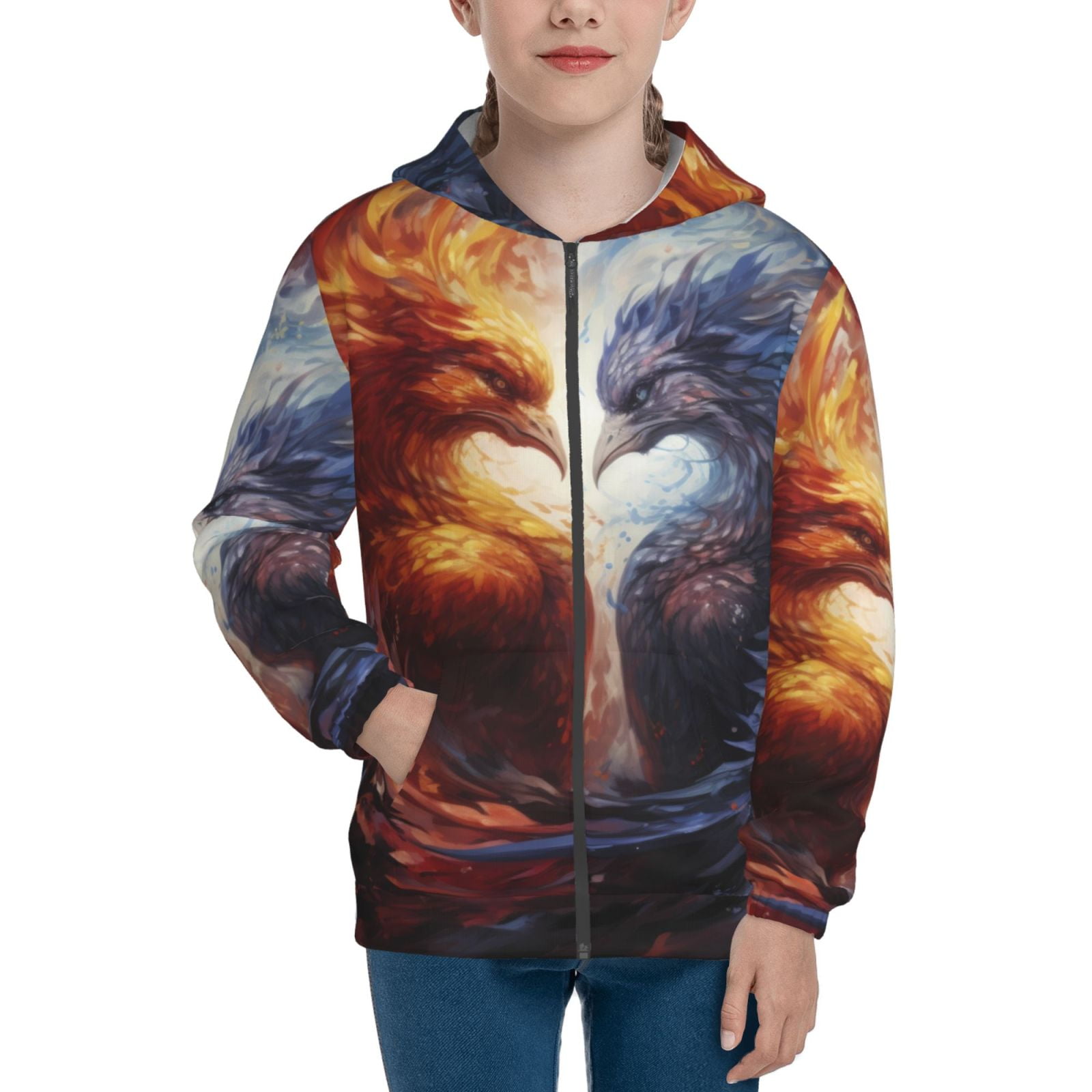 Sigee Red And White Fire Bird for Teenage Zip Up Hoodies Long Sleeve ...