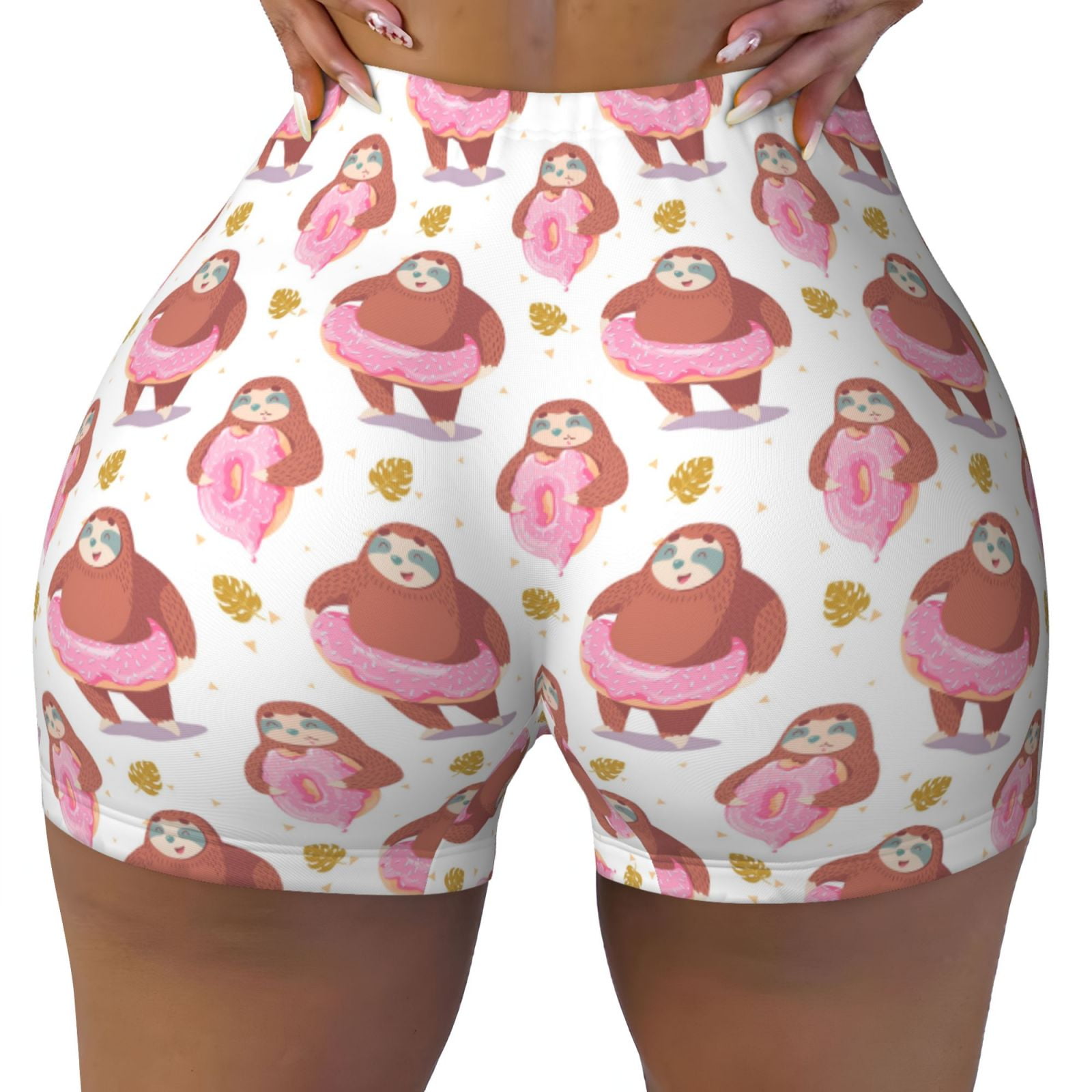 Sigee Sloth with Donuts1 Print Women's High Waist Workout Shorts ...