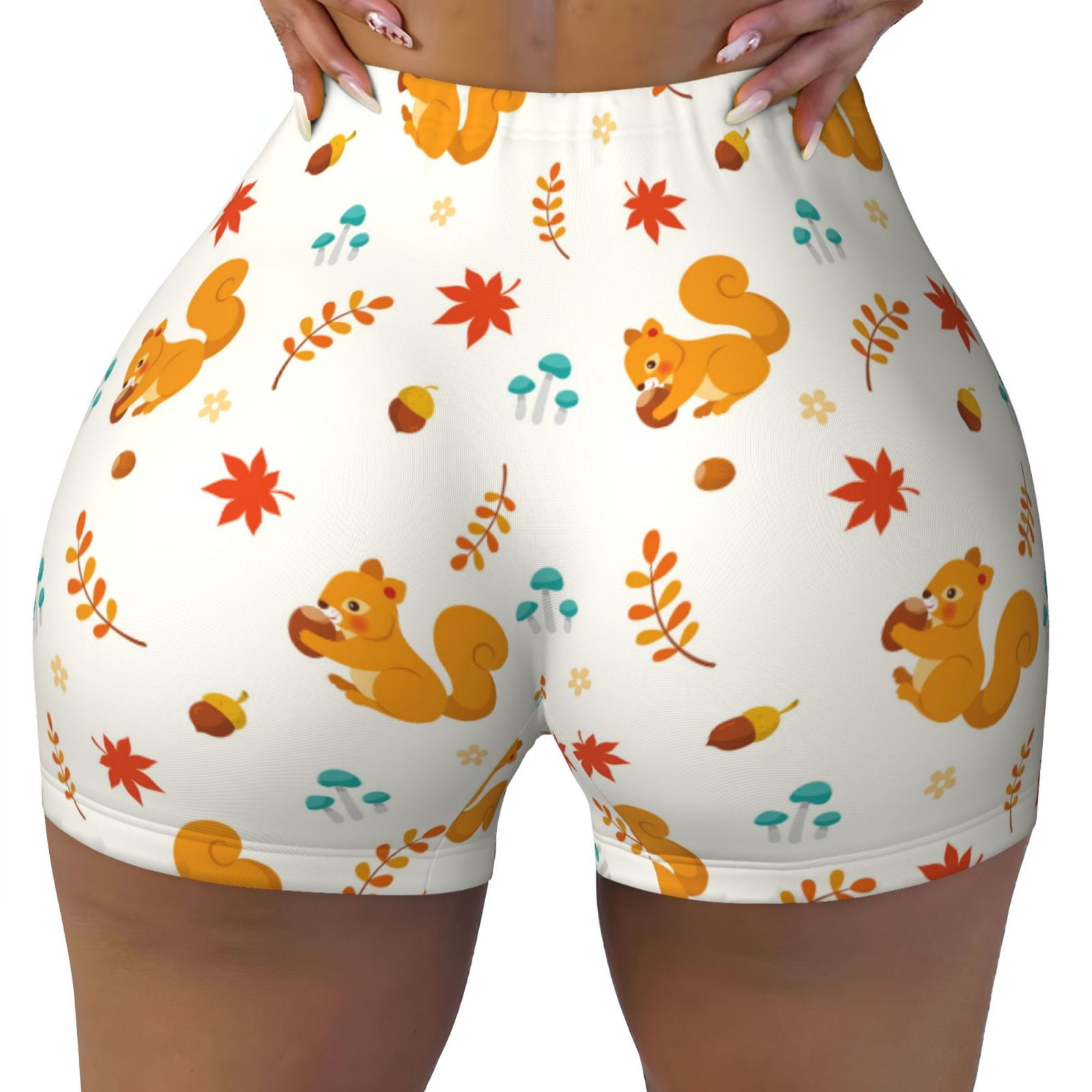 Sigee Squirrel Maple Leaves And Nuts Print Women's High Waist Workout Shorts - Squat Proof ...