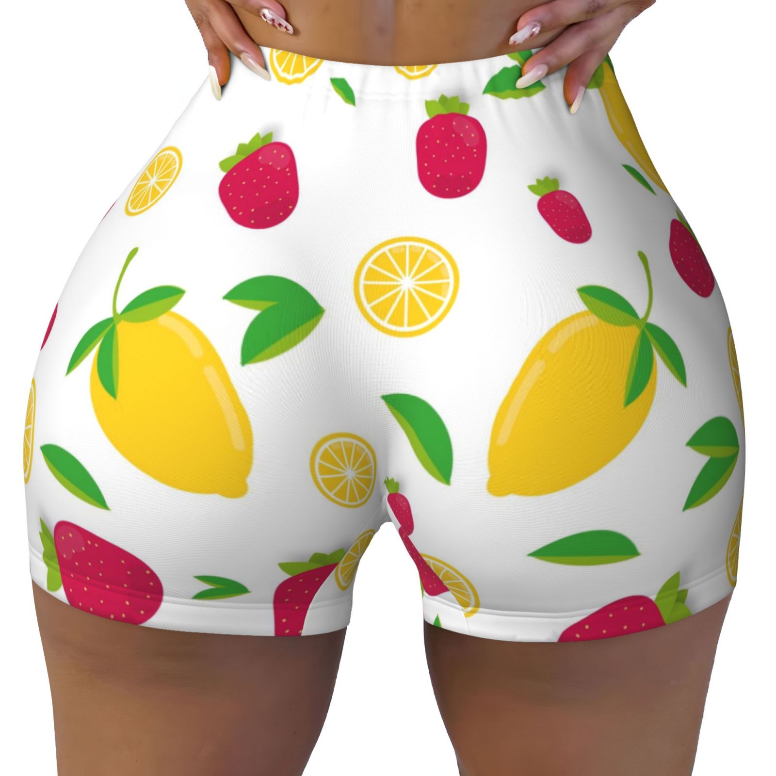 Sigee Strawberry and Lemon Print Women's High Waist Workout Shorts ...