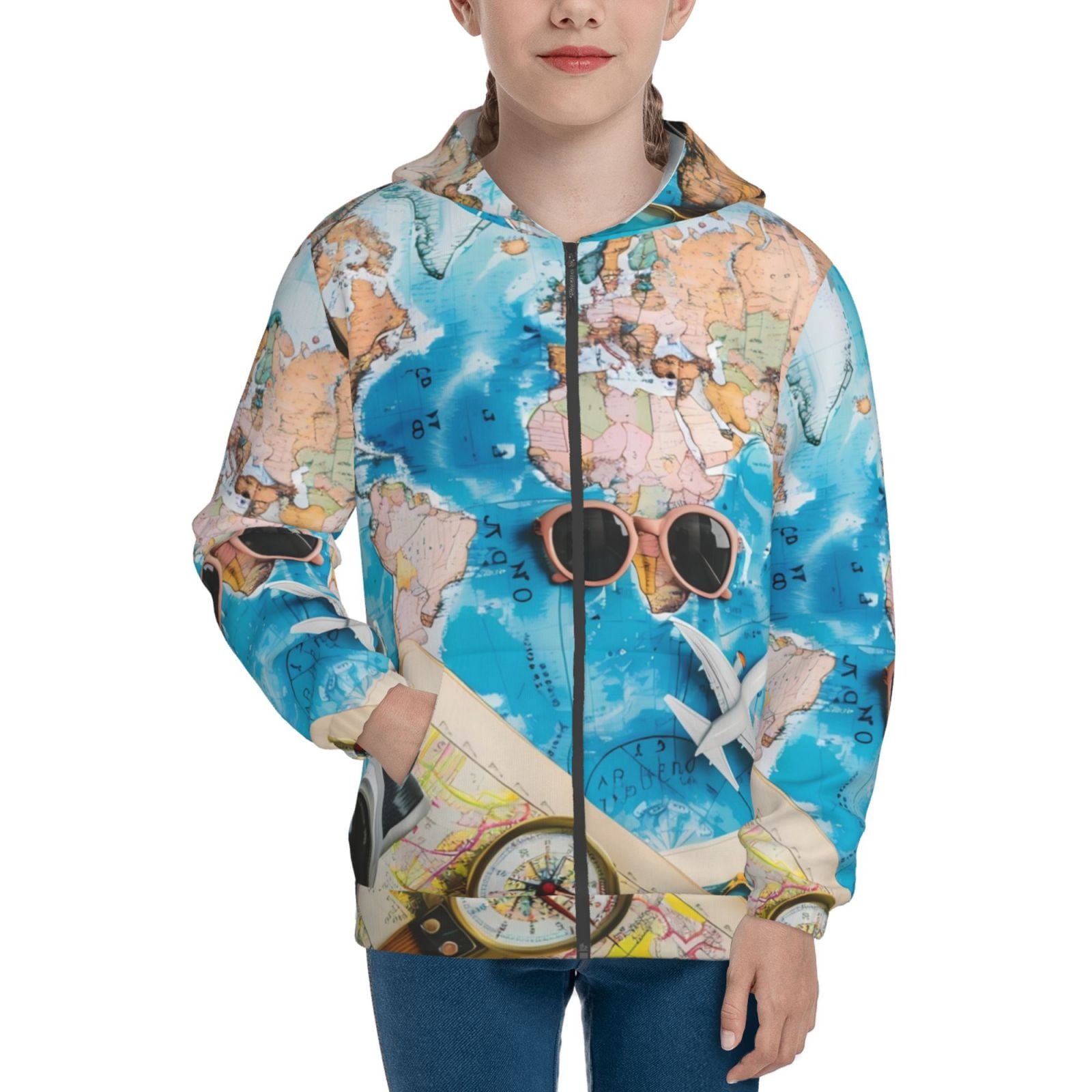 Sigee Vintage Map Travel Essentials for Teenage Zip Up Hoodies Long ...