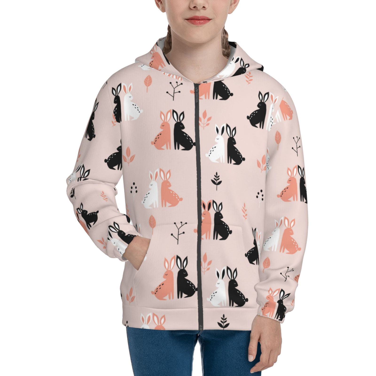 Sigee White And Black Rabbit for Teenage Zip Up Hoodies Long Sleeve ...