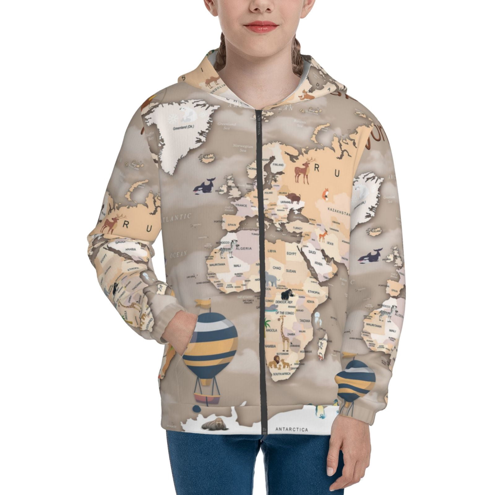 Sigee World Map With Animals for Teenage Zip Up Hoodies Long Sleeve ...