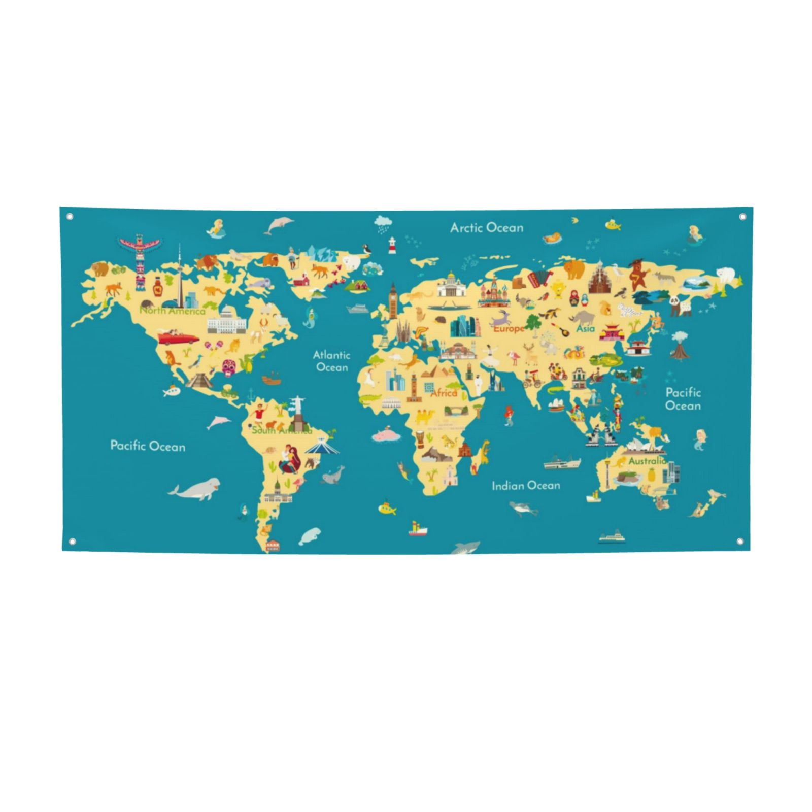 Sigee World Map With Landmarks for Large Happy Holiday Banner for ...