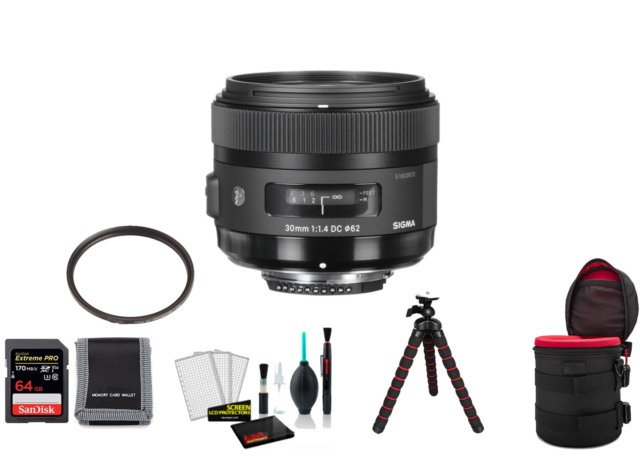 Sigma 30mm F/1.4 DC HSM Art Lens for Nikon F 301-306 Bundle with 64GB ...