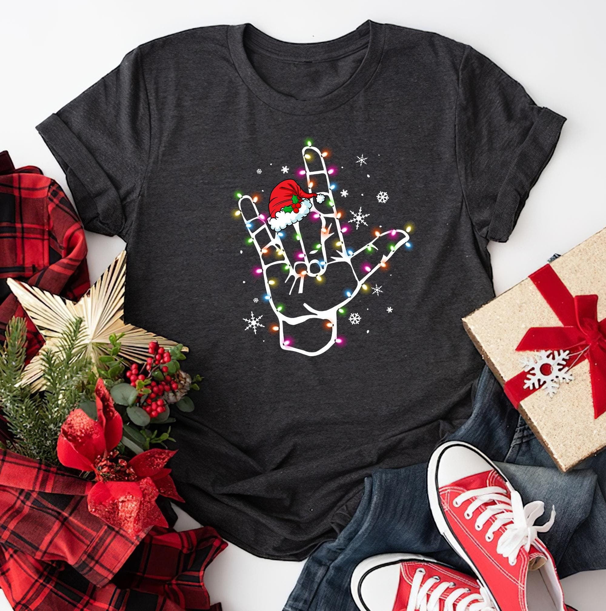 Sign Language Santa Hat T-Shirt, ASL Lights Christmas Shirt, Sign ...