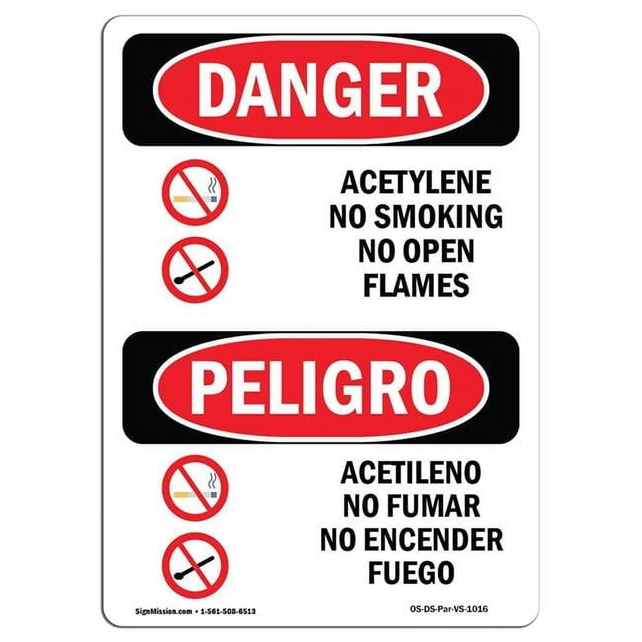 OSHA Danger Sign - Acetylene No Smoking No Open Flame Bilingual ...