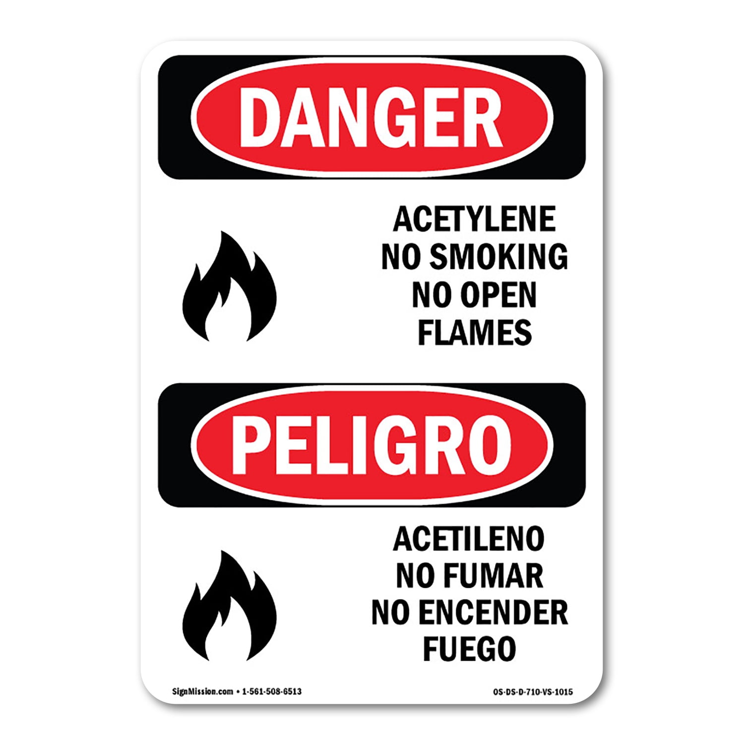 OSHA Danger Sign - Acetylene No Smoking No Open Flame Bilingual ...