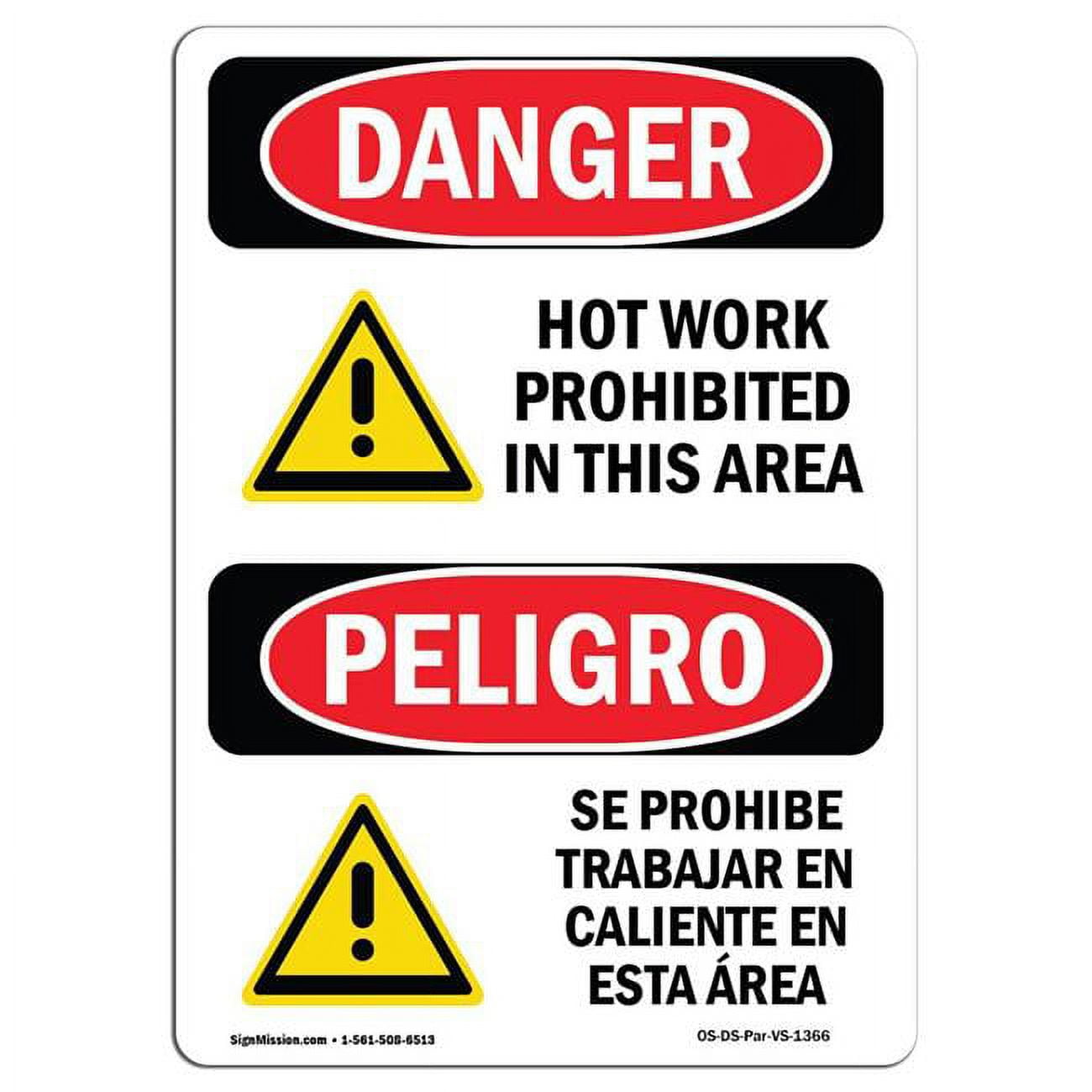 SignMission 10 x 14 in. OSHA Danger Sign - Hot Work Prohibited in This ...