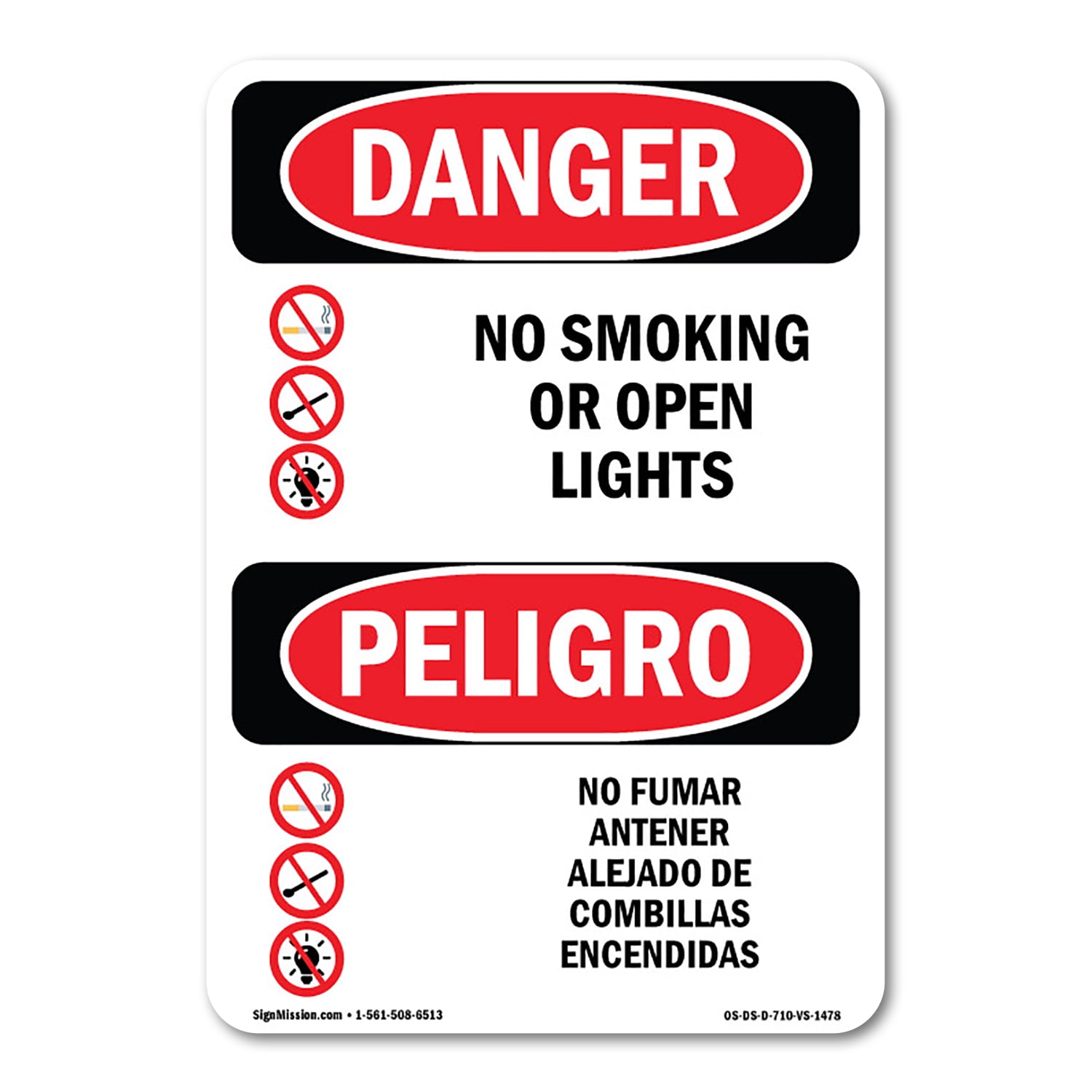 OSHA Danger Sign - No Smoking Or Open Lights Bilingual | Aluminum Sign ...