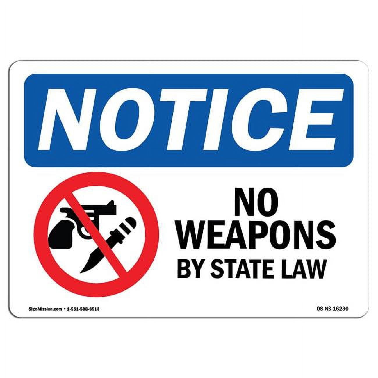 SignMission 10 x 14 in. OSHA Notice Sign - Notice No Weapons by State ...