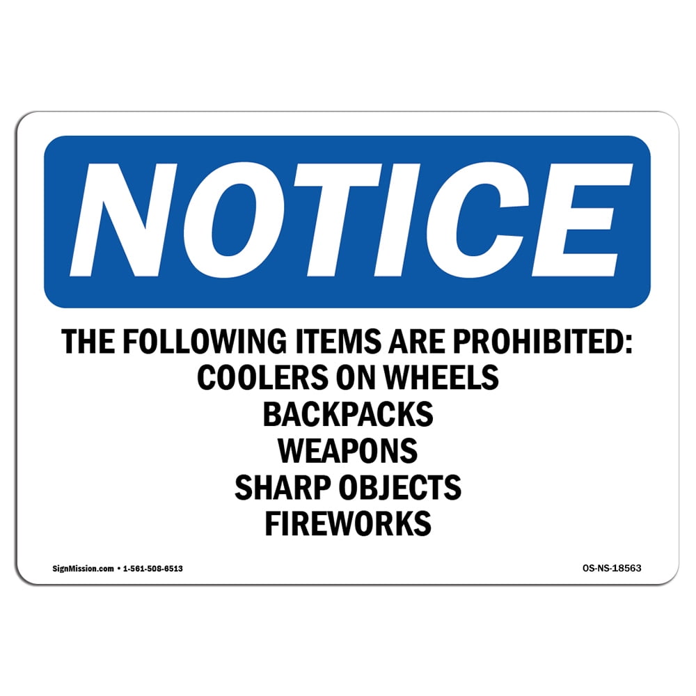 OSHA Notice Sign - The Following Items Are Prohibited Coolers ...