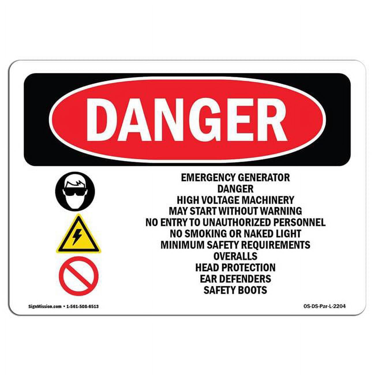 SignMission 12 x 18 in. OSHA Danger Sign - Emergency Generator Danger ...
