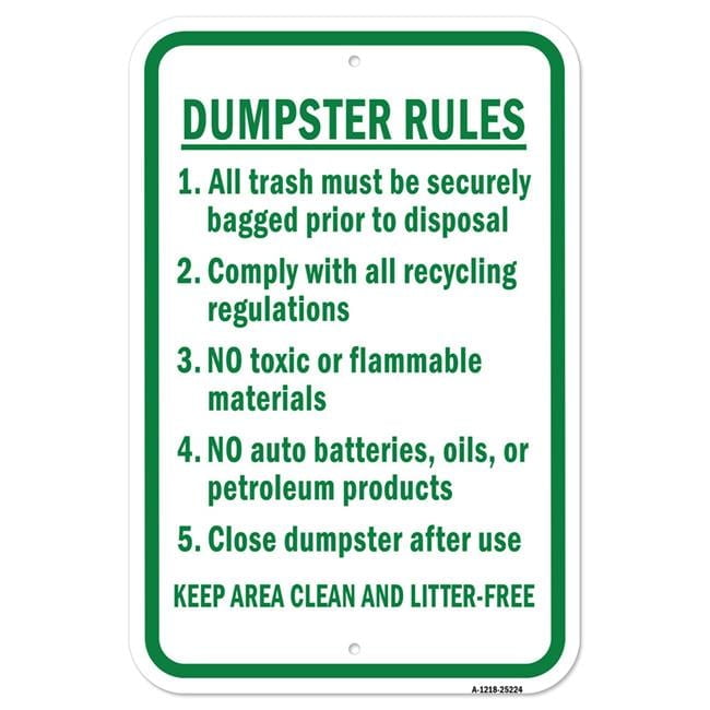 SignMission A-1218-25224 12 x 18 in. Aluminum Sign - Dumpster Rules 1 ...
