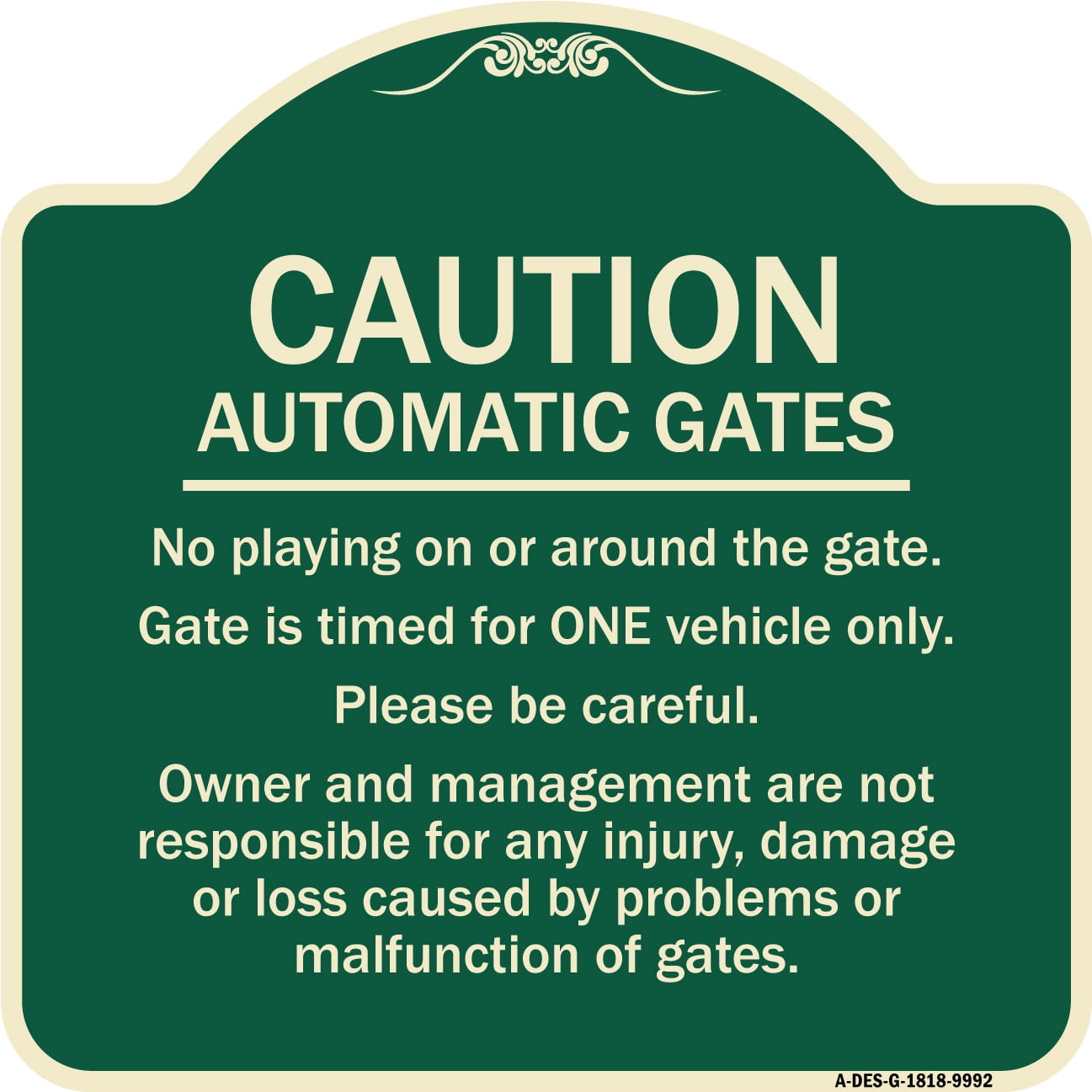 SignMission Designer Series Sign - Caution Automatic Gates No Playing ...