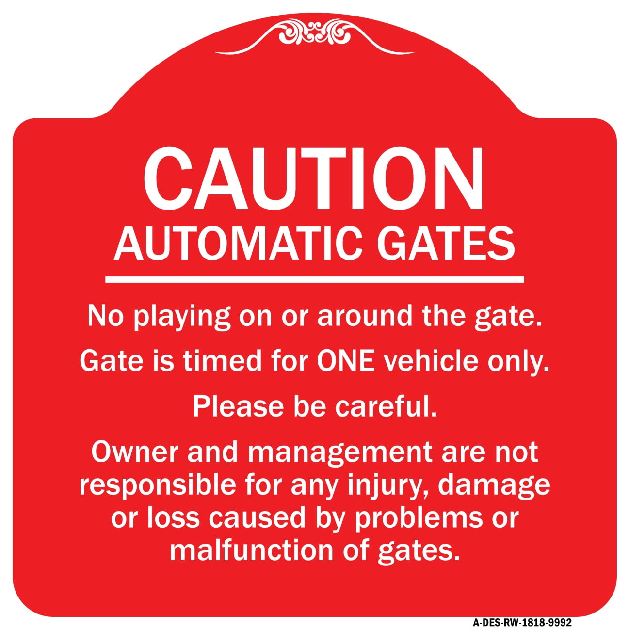 SignMission Designer Series Sign - Caution Automatic Gates No Playing ...