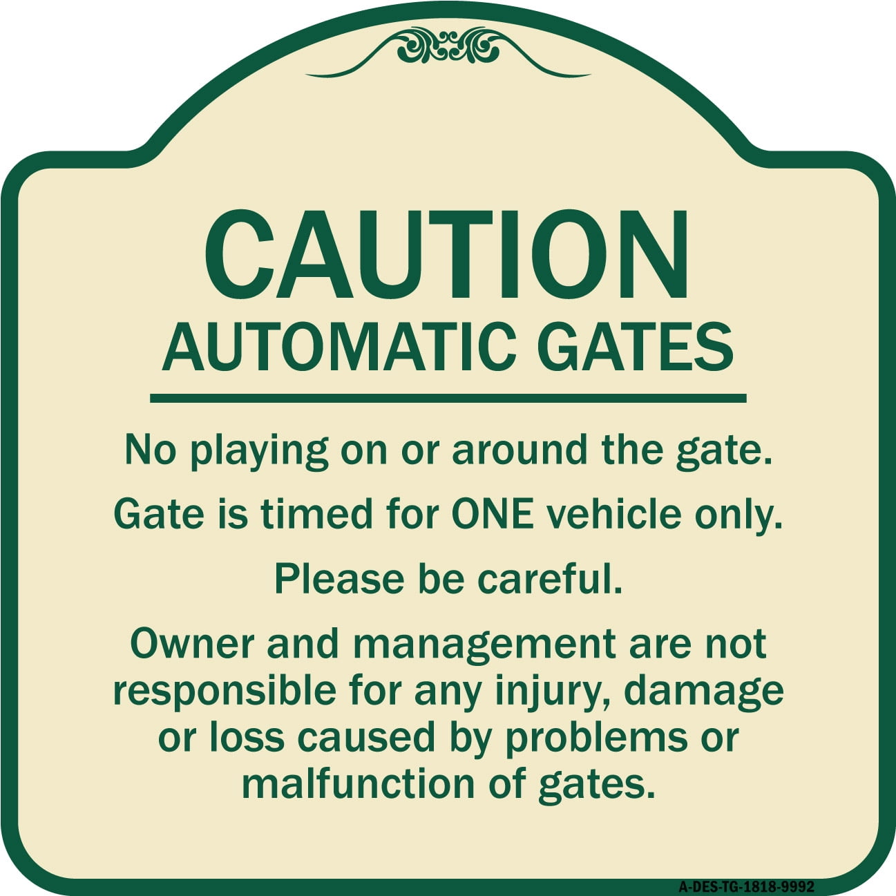 SignMission Designer Series Sign - Caution Automatic Gates No Playing ...