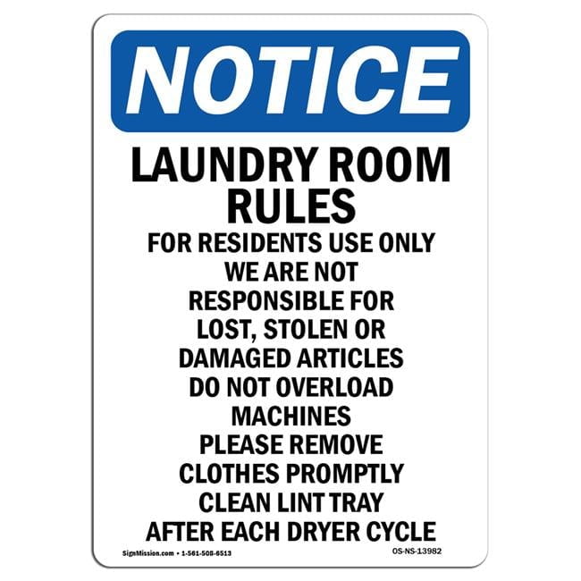 SignMission Notice Laundry Room Rules for Residents OSHA Decal Sign ...