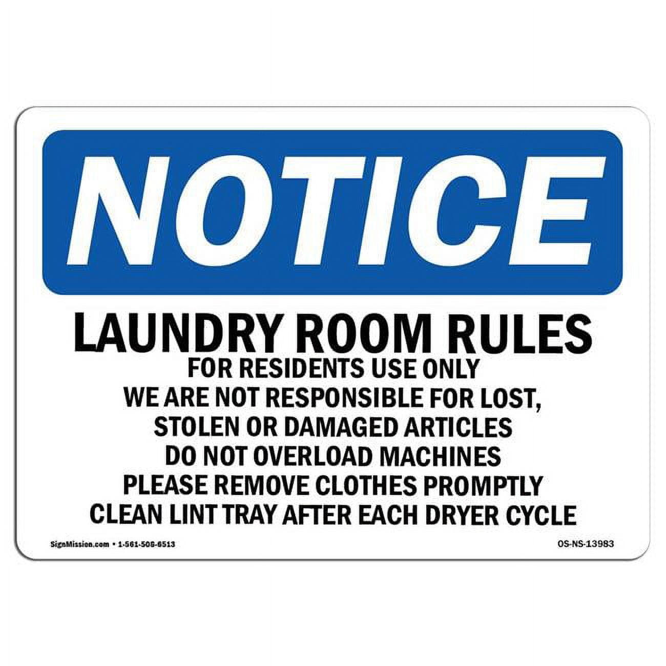 SignMission Notice Laundry Room Rules for Residents Use Only OSHA Decal ...