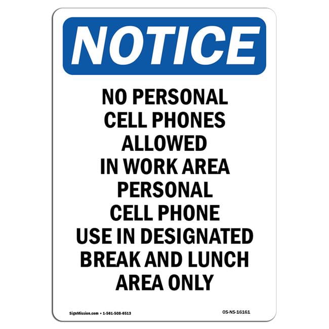SignMission Notice No Personal Cell Phones Allowed OSHA Decal Sign ...