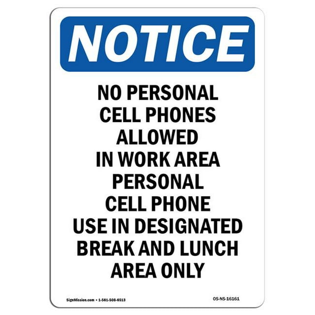 SignMission Notice No Personal Cell Phones Allowed OSHA Decal Sign ...